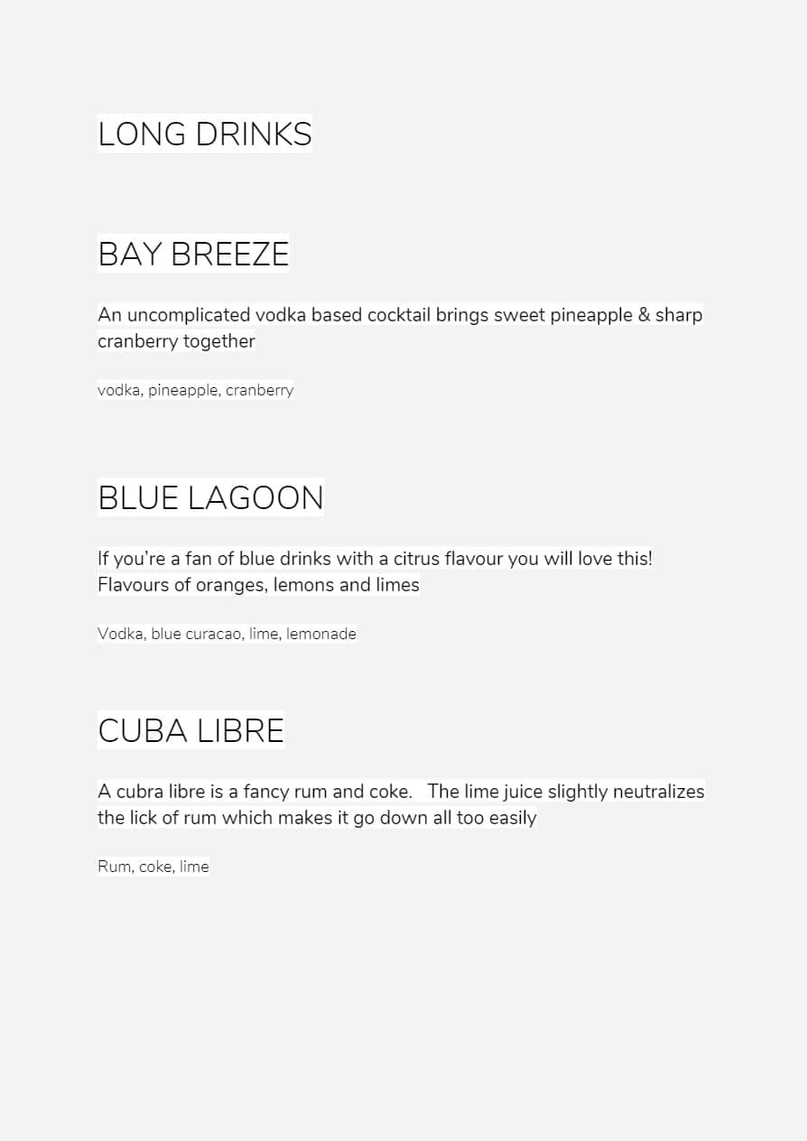 Tipsy Parties - Cocktail Choices & Menu